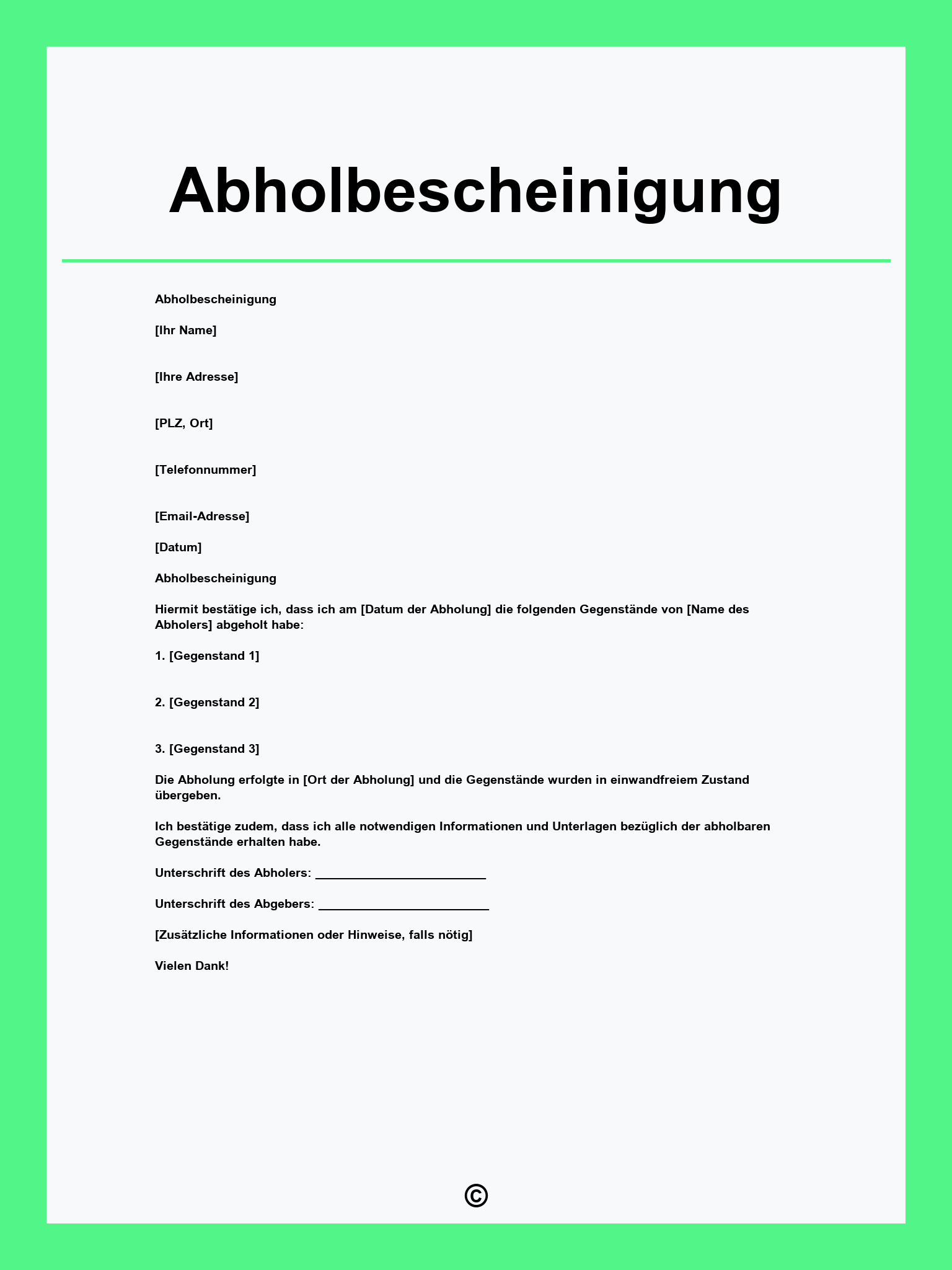 Abholbescheinigung Vorlage