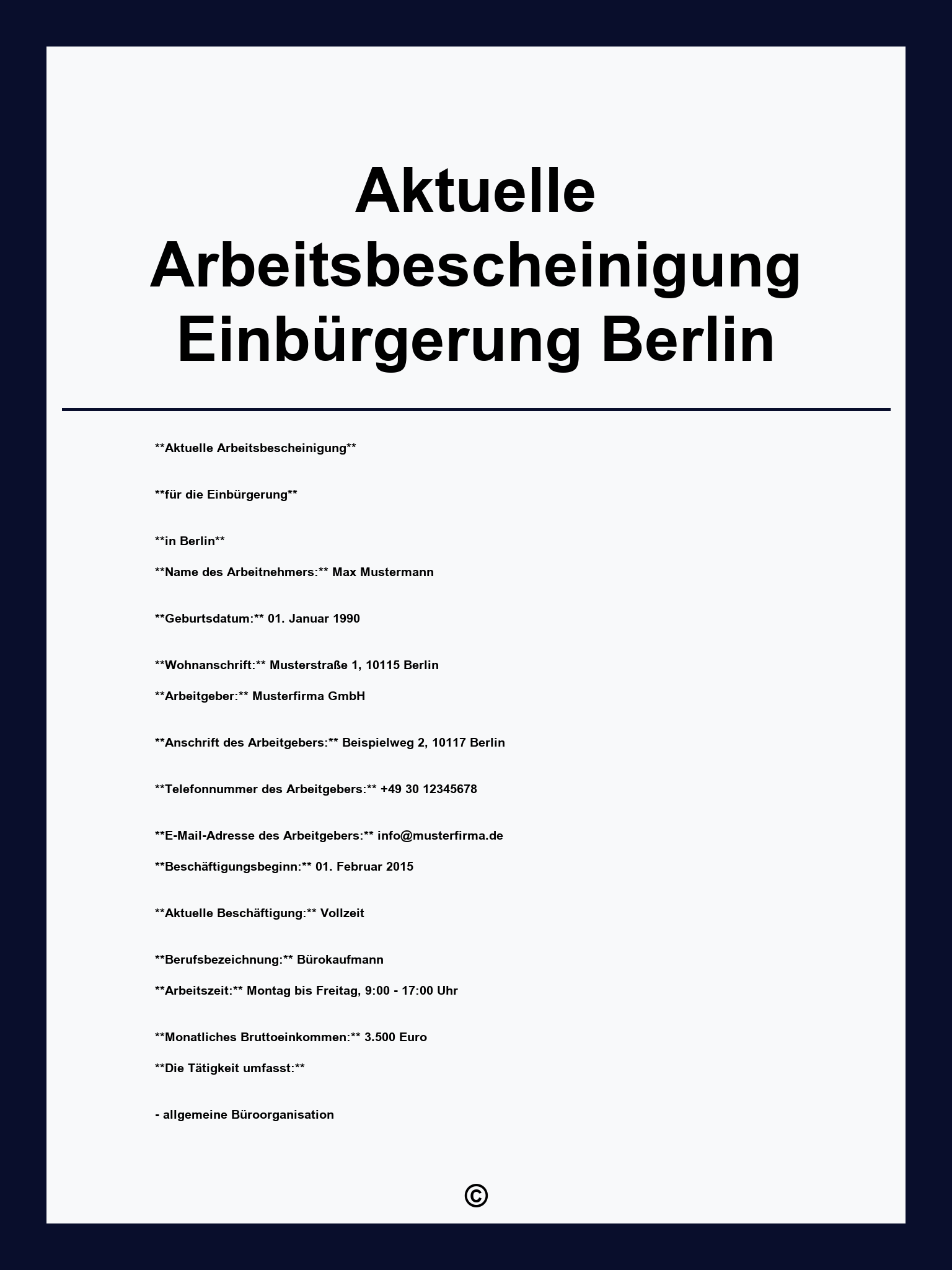 Aktuelle Arbeitsbescheinigung Einbürgerung Berlin
