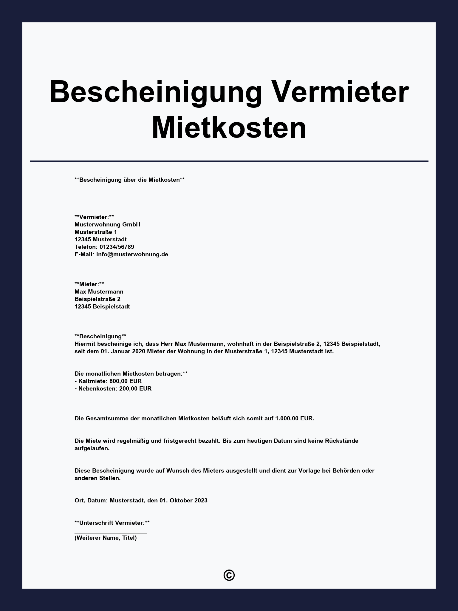 Bescheinigung Vermieter Mietkosten